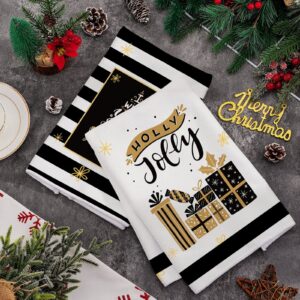 AnyDesign Christmas Kitchen Towel Black White Stripe Dish Towel Gold Snowflake Happy Holiday Tea Towel 18 x 28 Inch Farmhouse Hand Drying Towel for Cooking Baking, Set of 4