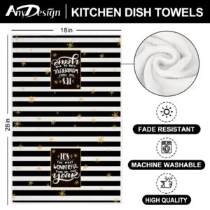 AnyDesign Christmas Kitchen Towel Black White Stripe Dish Towel Gold Snowflake Happy Holiday Tea Towel 18 x 28 Inch Farmhouse Hand Drying Towel for Cooking Baking, Set of 4