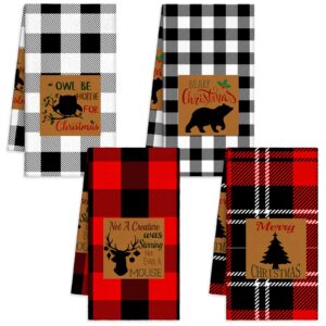 frienda 4 pack christmas kitchen towels buffalo plaid red and black christmas dish towel winter xmas tea towel farmhouse merry christmas kitchen decor for holiday cooking baking, 16 x 24 inch