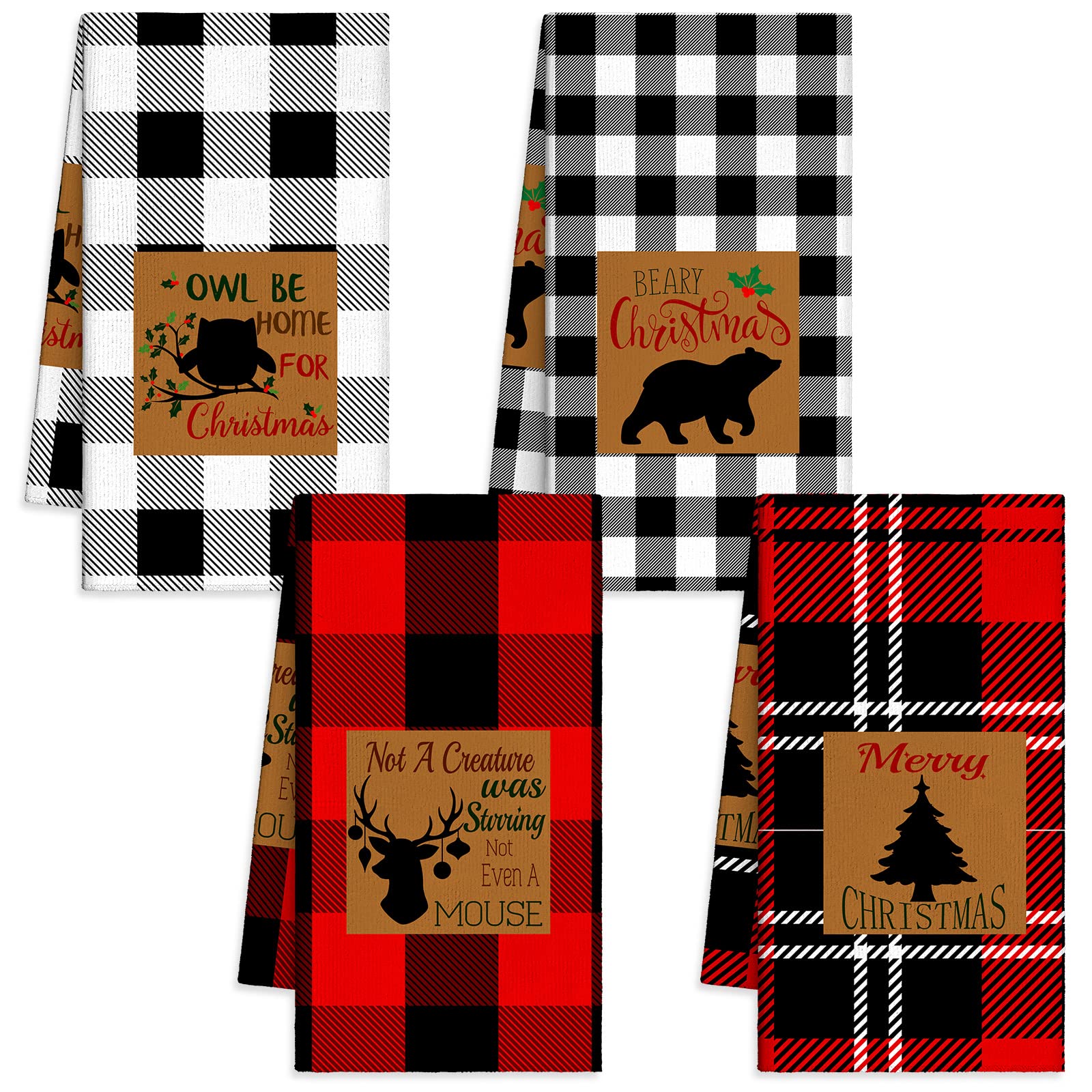 Frienda 4 Pack Christmas Kitchen Towels Buffalo Plaid Red and Black Christmas Dish Towel Winter Xmas Tea Towel Farmhouse Merry Christmas Kitchen Decor for Holiday Cooking Baking, 16 x 24 Inch