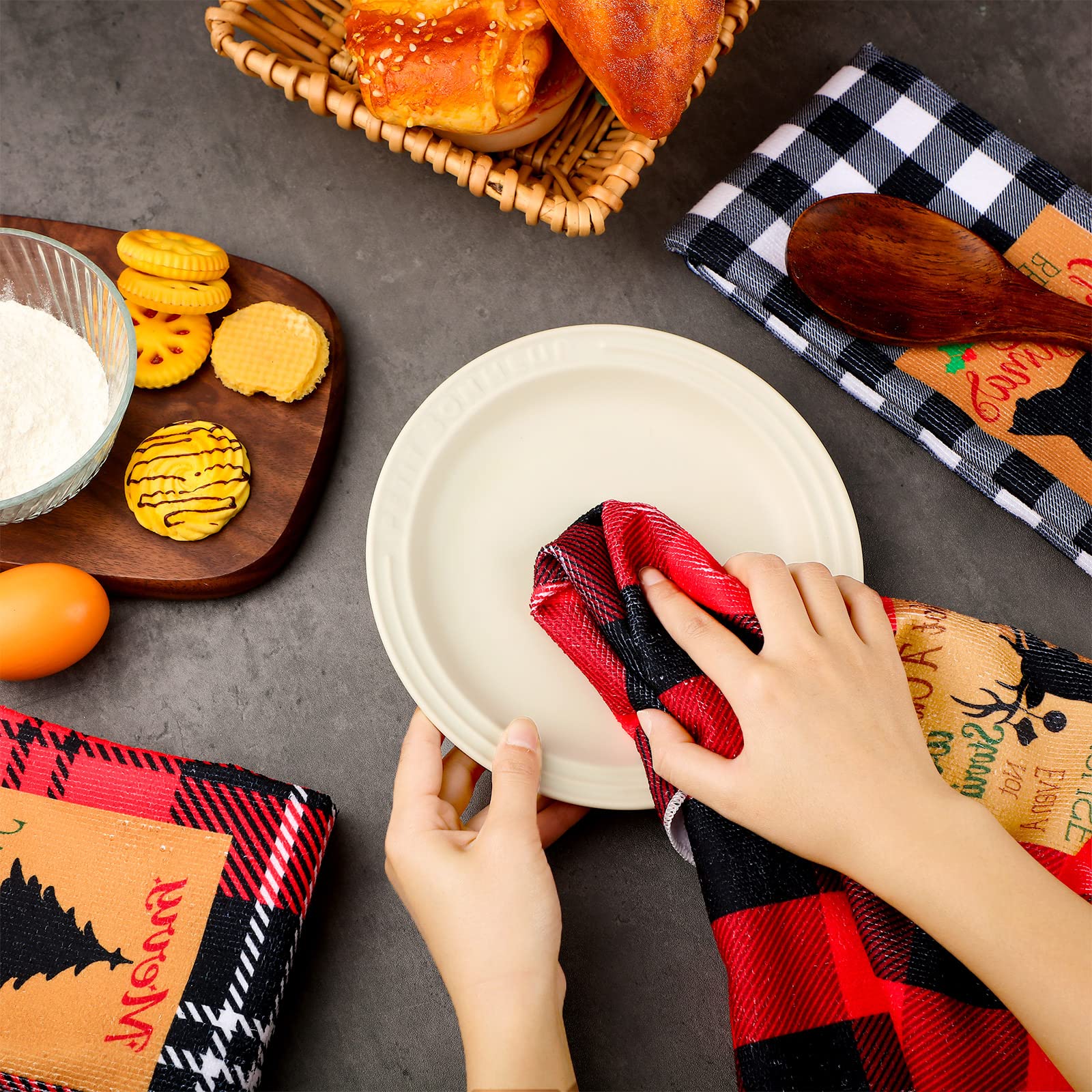 Frienda 4 Pack Christmas Kitchen Towels Buffalo Plaid Red and Black Christmas Dish Towel Winter Xmas Tea Towel Farmhouse Merry Christmas Kitchen Decor for Holiday Cooking Baking, 16 x 24 Inch