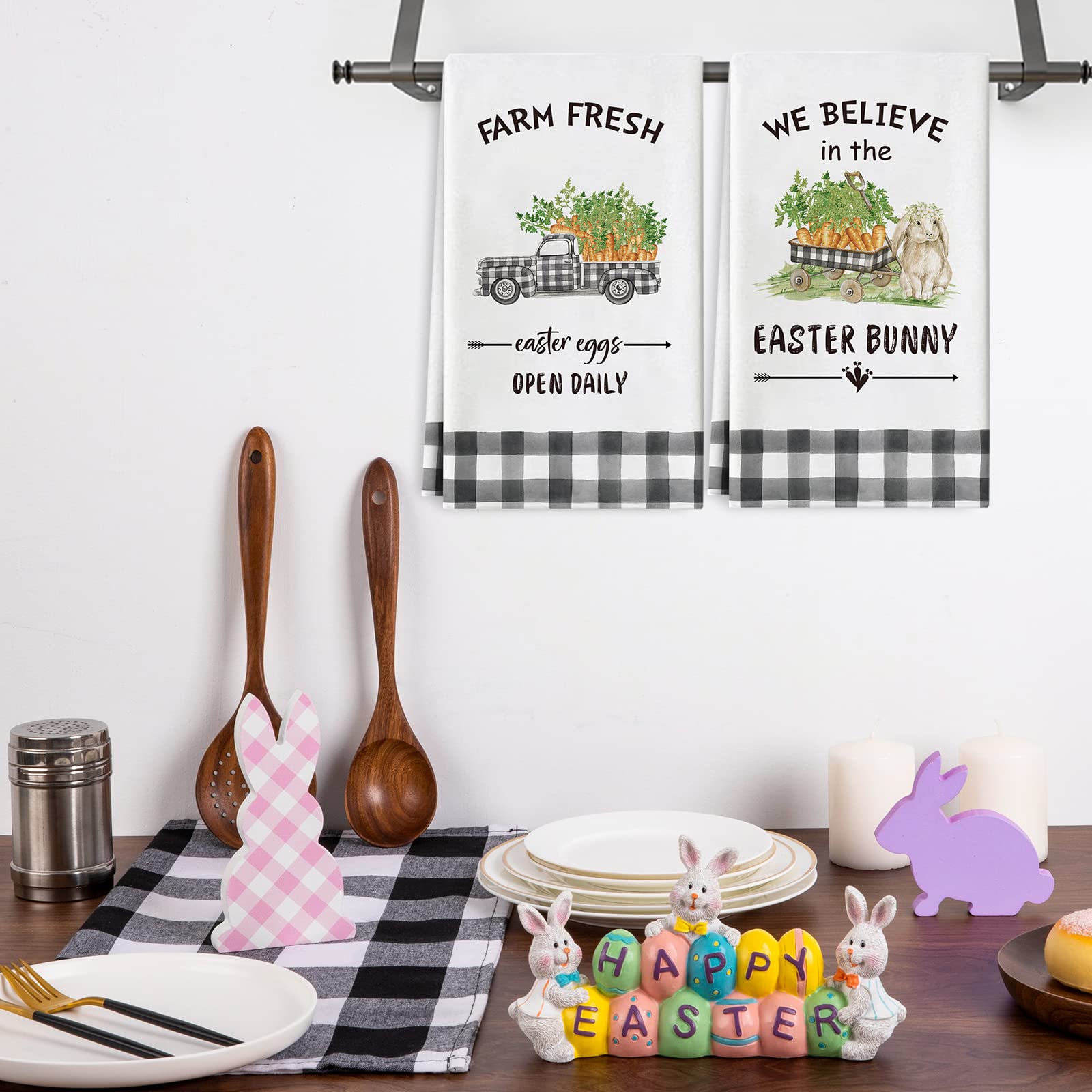 AnyDesign Easter Kitchen Towel 18 x 28 Inch Seasonal Dishcloth Easter Bunny Carrot Truck Cloth Tea Towel Farm Fresh Decorative Hand Towel for Bathroom Kitchen Home Farmhouse Cooking, 2Pcs