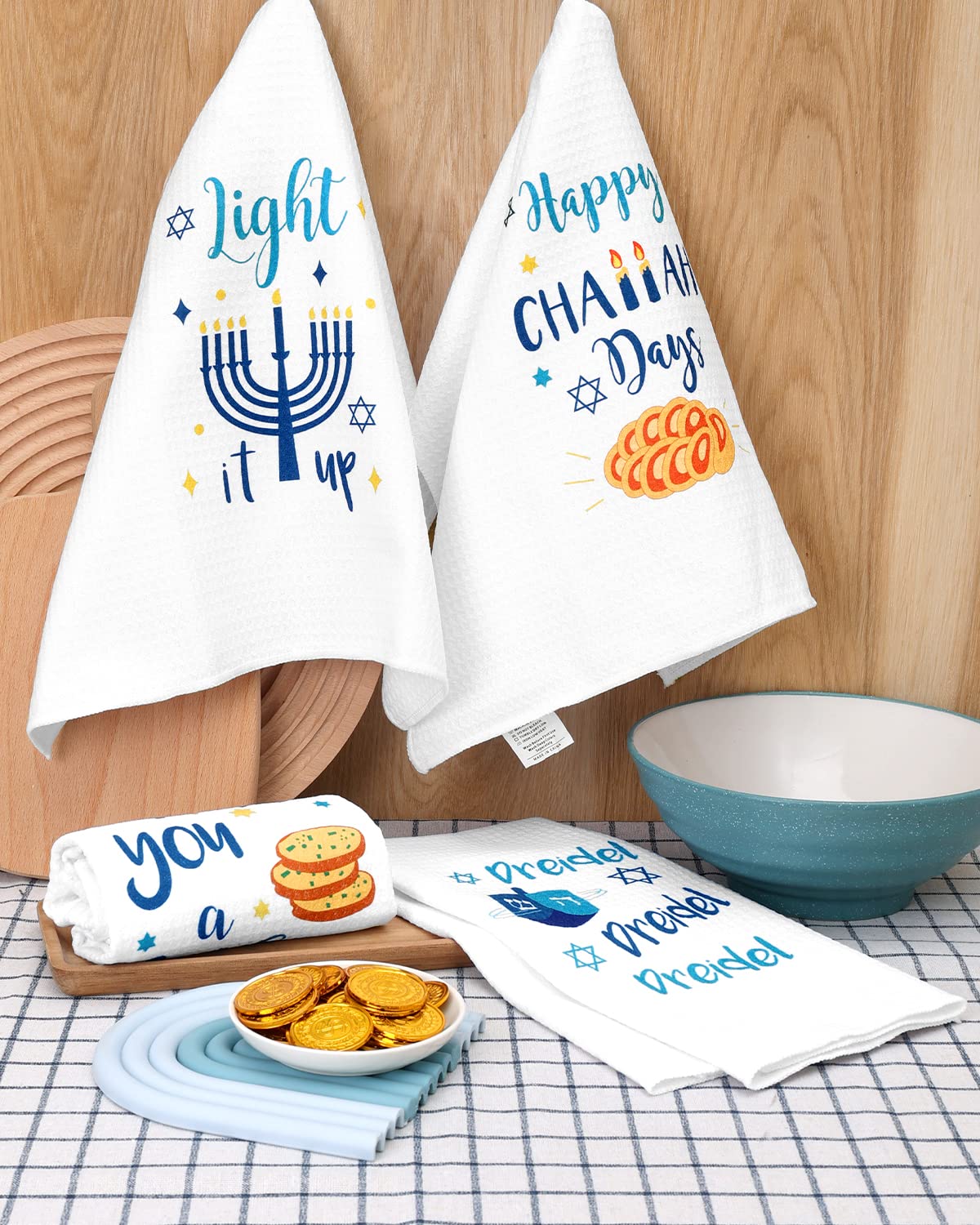 Vansolinne Hanukkah Kitchen Towels Chanukah Dish Towels Decorative Waffle Tea Towels Set of 4 - Fun Hostess Kitchen Decor Hanukkah Decorations, Housewarming Presents