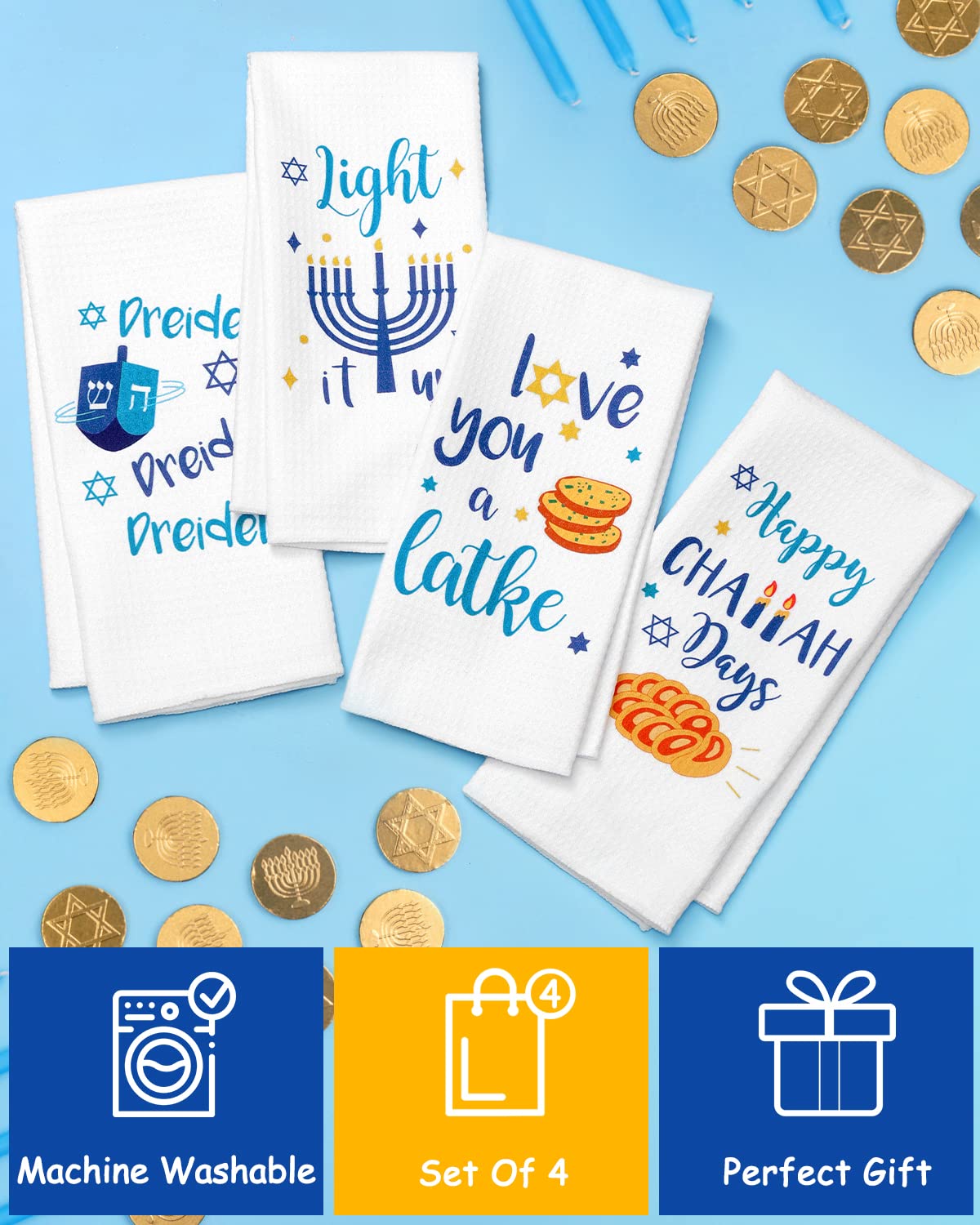 Vansolinne Hanukkah Kitchen Towels Chanukah Dish Towels Decorative Waffle Tea Towels Set of 4 - Fun Hostess Kitchen Decor Hanukkah Decorations, Housewarming Presents