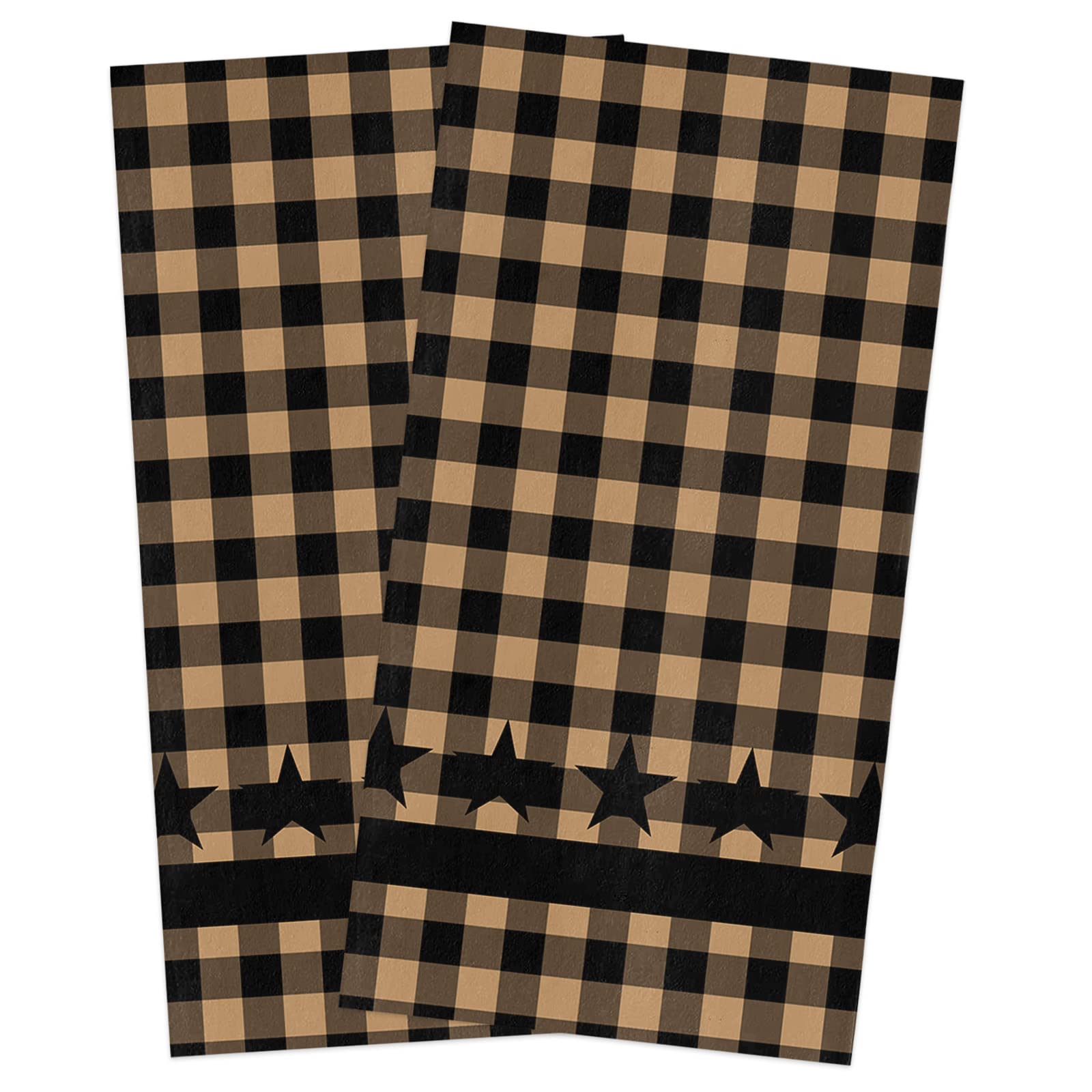 PIEPLE Retro Country Star Kitchen Towels - 2 Pack Microfiber Absorbent Dish Towels for Kitchen, Brown Black Buffalo Plaid Farmhouse Kitchen Hand Towels/Tea Towels/Bar Towels 18"x28"