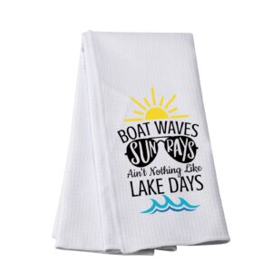 pwhaoo lake kitchen towel boat waves sun rays kitchen towel lake life tea towel lake days gift (boat waves sun t)