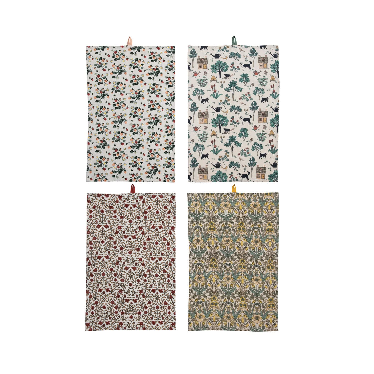 Creative Co-Op Cotton Printed Pattern, 4 Styles Tea Towels, 28" L x 18" W x 0" H, Multicolor