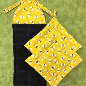 Honey Bumble Bees Black and White on Yellow Ties On Stays Put Kitchen Hanging Loop Hand Dish Kitchen Towel and Set of 2 Square Hot Pads Pot Pan Plate Holders Trivets Hostess Housewarming Gift