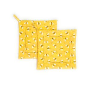 Honey Bumble Bees Black and White on Yellow Ties On Stays Put Kitchen Hanging Loop Hand Dish Kitchen Towel and Set of 2 Square Hot Pads Pot Pan Plate Holders Trivets Hostess Housewarming Gift