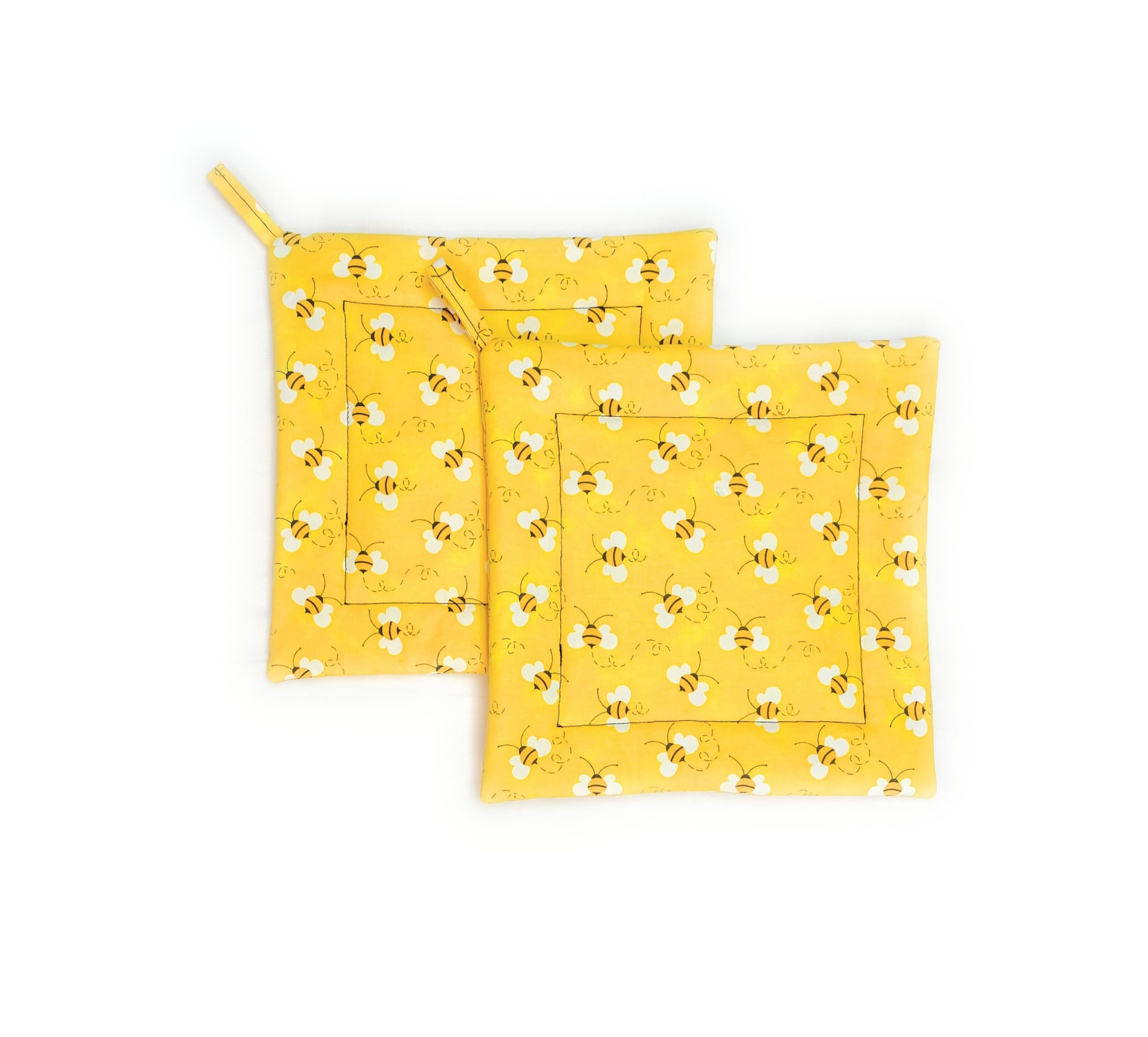 Honey Bumble Bees Black and White on Yellow Ties On Stays Put Kitchen Hanging Loop Hand Dish Kitchen Towel and Set of 2 Square Hot Pads Pot Pan Plate Holders Trivets Hostess Housewarming Gift