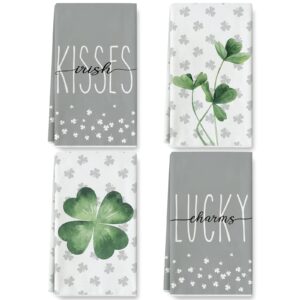 anydesign st. patrick's day kitchen towel gray white lucky kisses dish towel shamrock clover hand drying tea towel for cooking baking cleaning wipes, 18 x 28 inch, set of 4