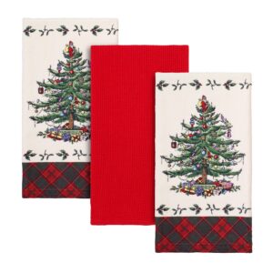 spode - 3pc kitchen towel set, soft & absorbent cotton, holiday bathroom decor christmas tree tartan collection