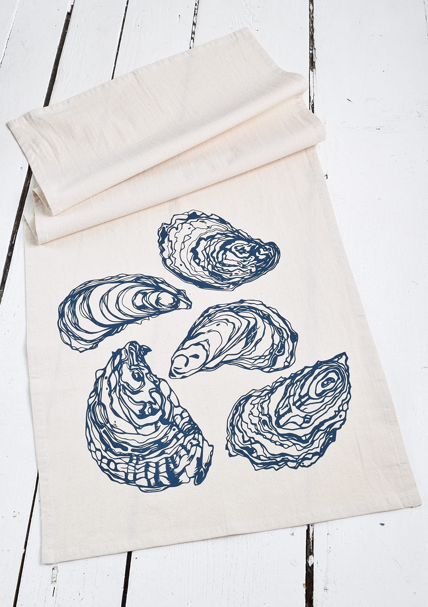 Tea Towel, Oyster Shell, Navy Blue, Nautical, Organic Cotton, Hand Screen Printed, Flour Sack Dish Towel, Sweet Housewarming Gift, Natural