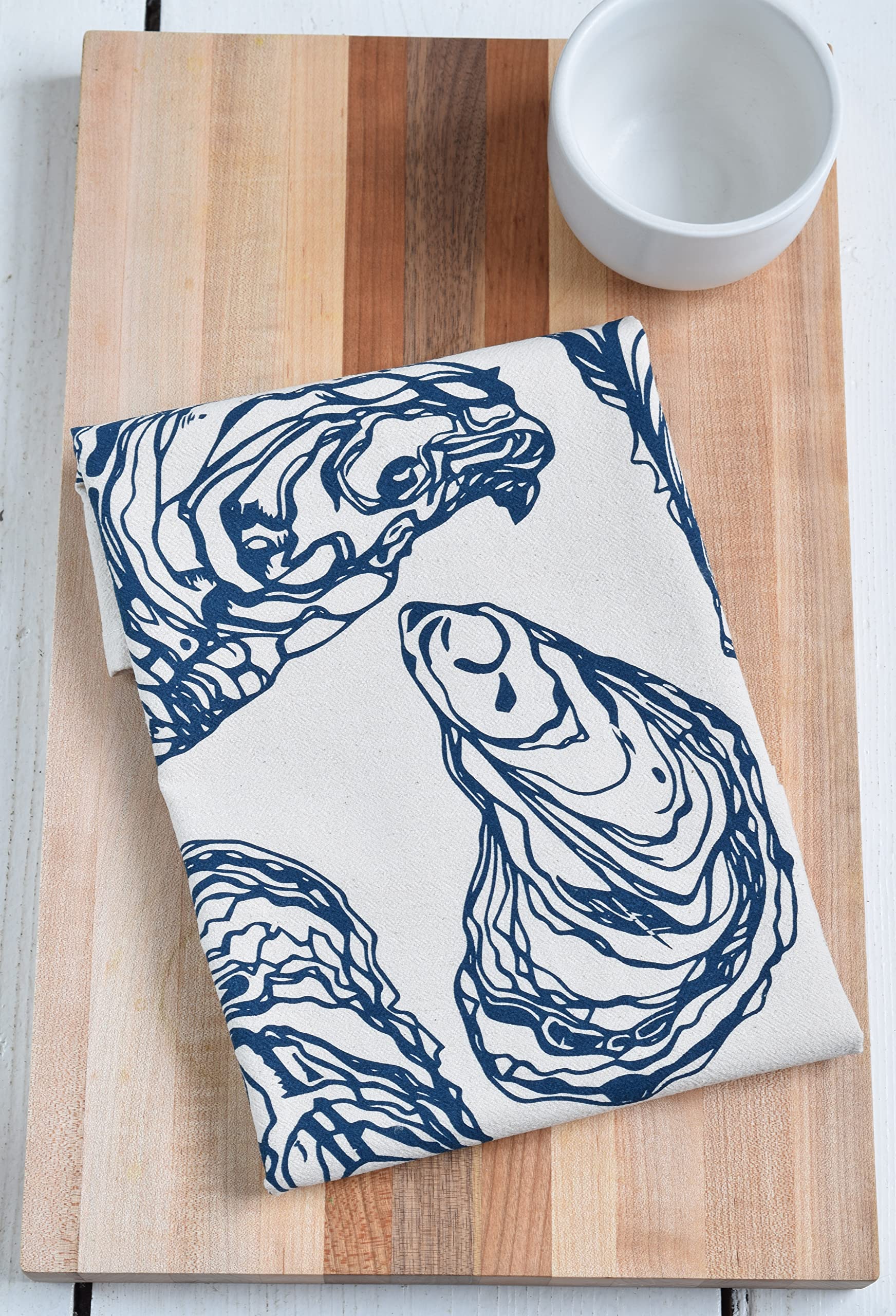 Tea Towel, Oyster Shell, Navy Blue, Nautical, Organic Cotton, Hand Screen Printed, Flour Sack Dish Towel, Sweet Housewarming Gift, Natural