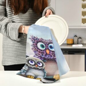 SLHKPNS Purple Owls Kitchen Dish Towel Set of 4, Cartoon Art 18x28in Absorbent Dishcloth Reusable Cleaning Cloths for Household Use