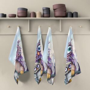 SLHKPNS Purple Owls Kitchen Dish Towel Set of 4, Cartoon Art 18x28in Absorbent Dishcloth Reusable Cleaning Cloths for Household Use