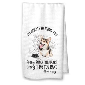 the creating studio personalized corgi kitchen towel, corgi gift, housewarming gift hostess gift always watching you (tri-color corgi with name)