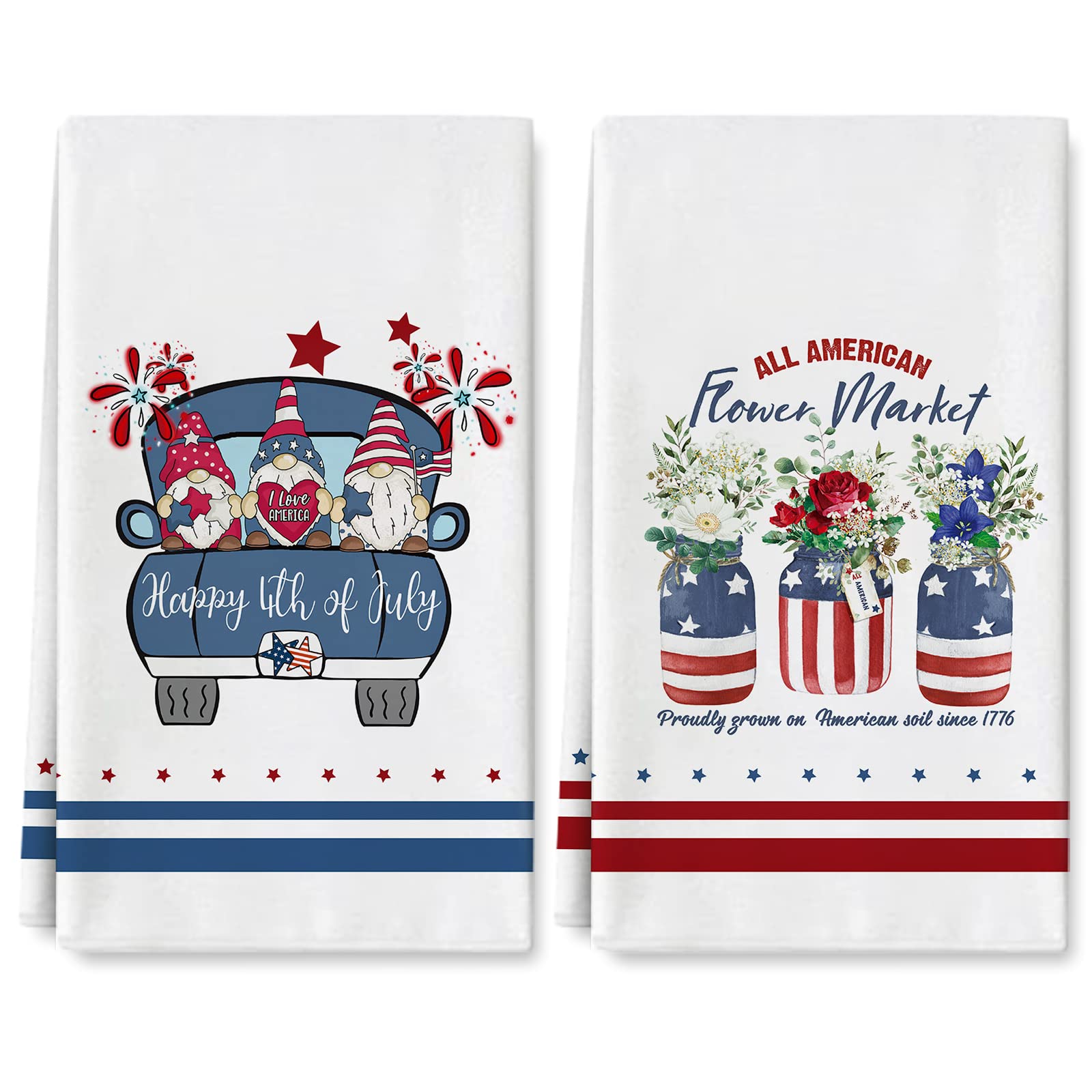 AnyDesign 4th of July Kitchen Dish Towel 18 x 28 Patriotic Gnome Truck Dishcloth Red Blue Star Flower American Flag Cloth Tea Towel Decorative Hand Towel for Bathroom Cooking Baking, 2Pcs