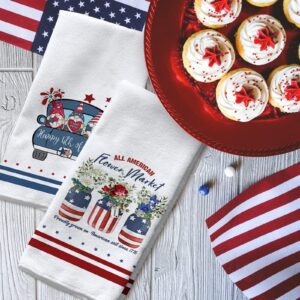 AnyDesign 4th of July Kitchen Dish Towel 18 x 28 Patriotic Gnome Truck Dishcloth Red Blue Star Flower American Flag Cloth Tea Towel Decorative Hand Towel for Bathroom Cooking Baking, 2Pcs