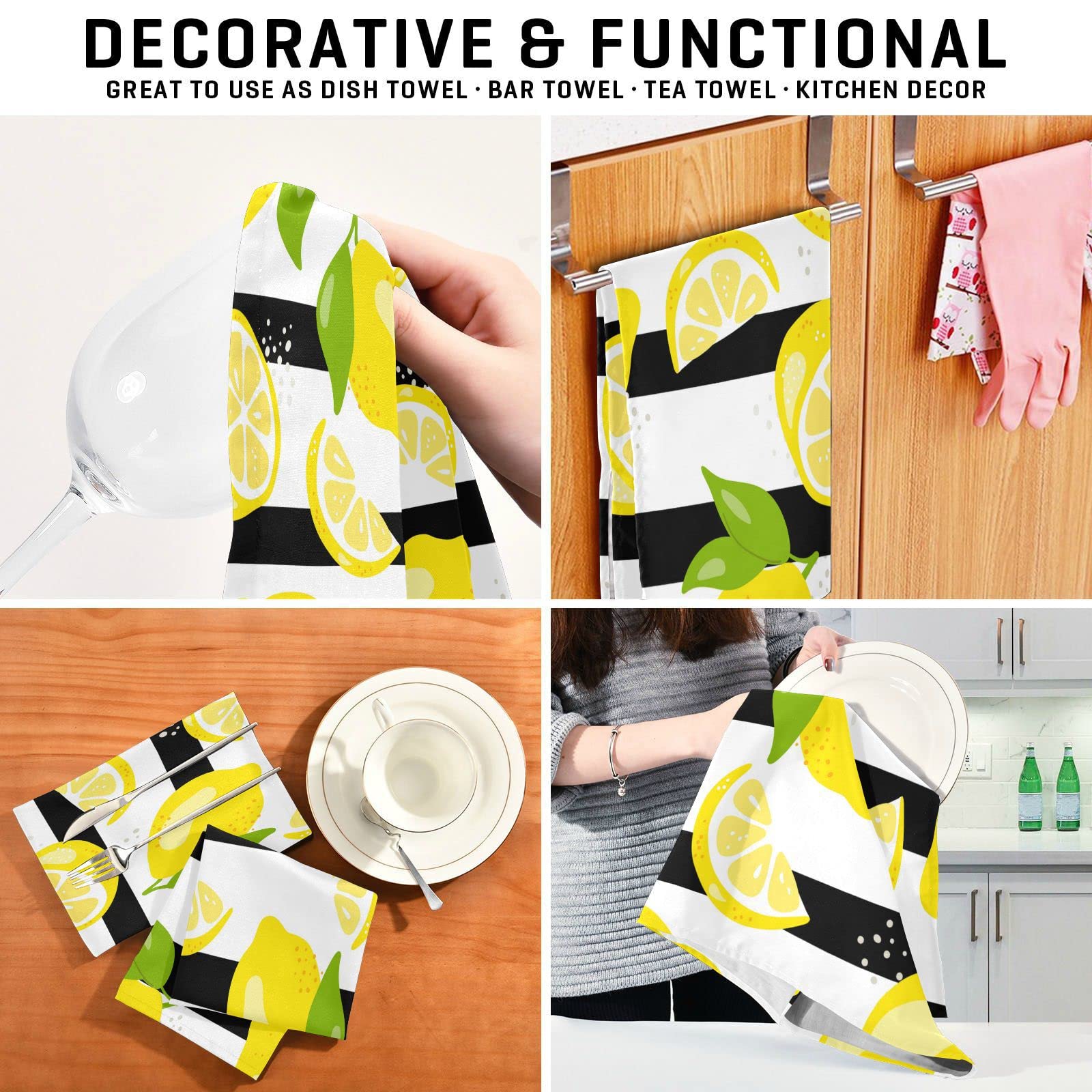 Kigai Kitchen Towels Set of 4, Lemon Pattern Highly Absorbent Dish Towels Reusable Cleaning Cloths Washable Tea Towels Hand Towel 28 x 18 Inch