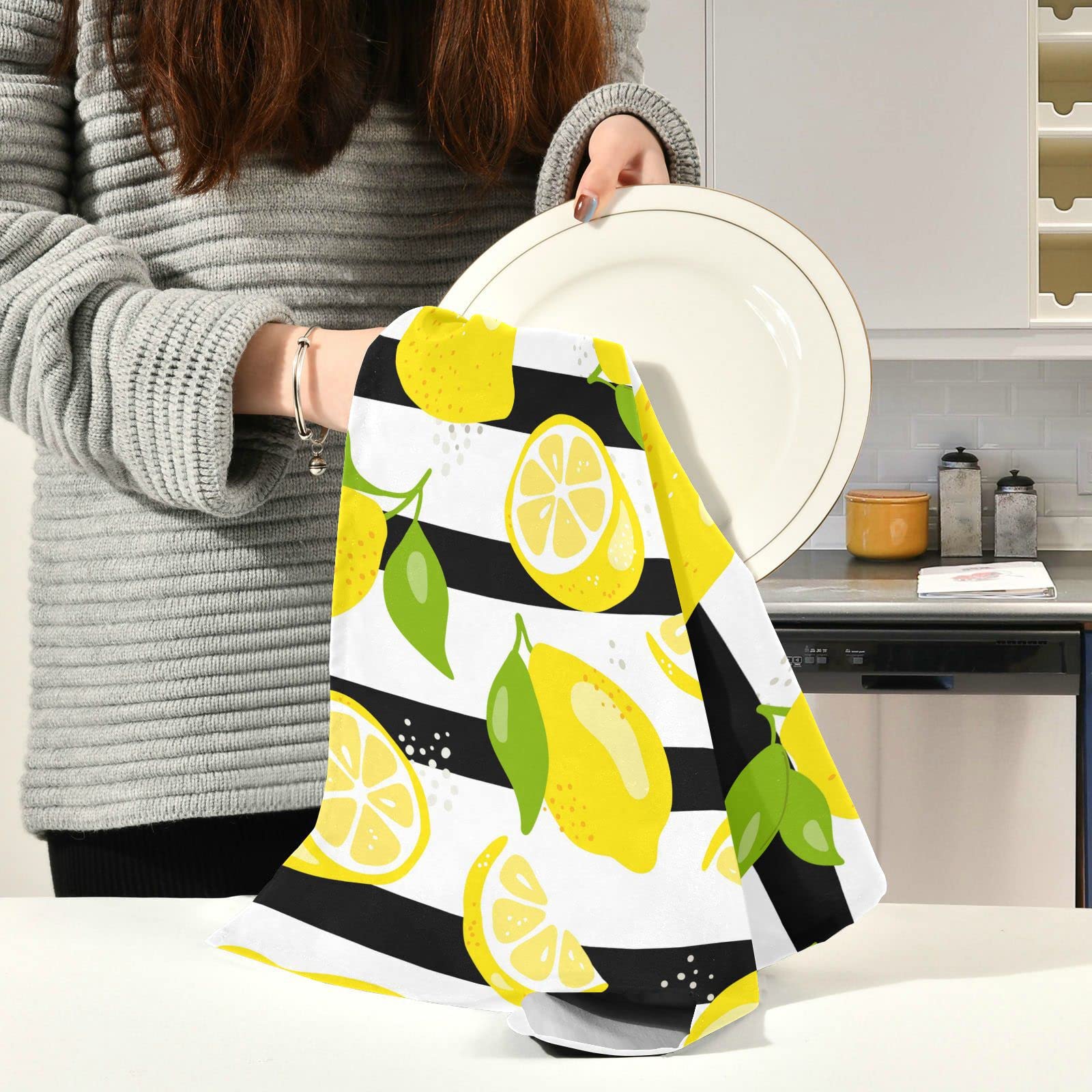 Kigai Kitchen Towels Set of 4, Lemon Pattern Highly Absorbent Dish Towels Reusable Cleaning Cloths Washable Tea Towels Hand Towel 28 x 18 Inch