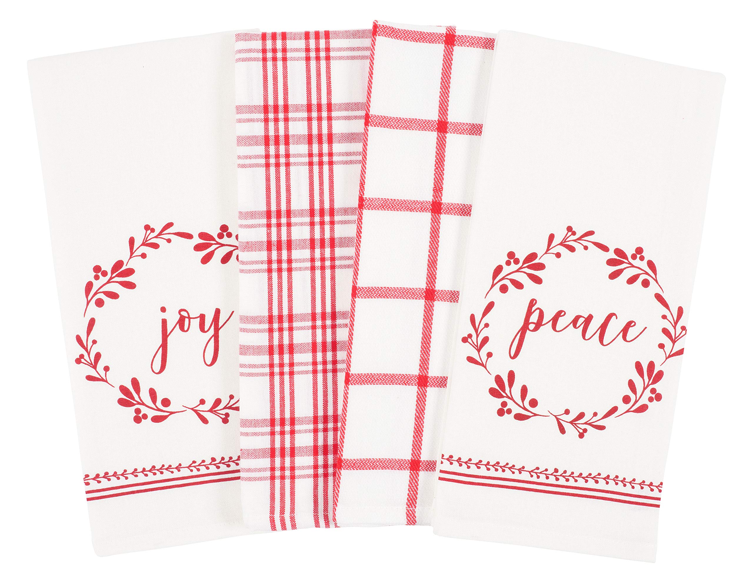 KAF Home Set of 4 Mixed Holiday Dish Towels - 100% Cotton, 18 x 28 Inches - Peace and Joy