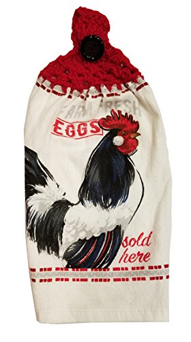 Handcrafted Cherry Red Crochet Topped Eggs Rooster Kitchen Towel