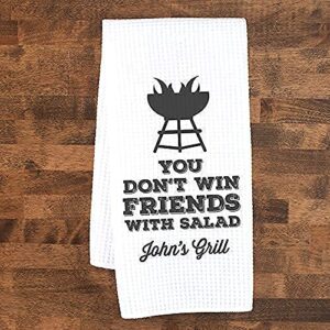 Personalized You Don't Win Friends With Salad Kitchen Towel | Custom Waffle Weave Dish Towel | Personalized Kitchen Towel | Men Grilling Gift | Personalized Dish Towel | Barbecue Gift | Men's Gift