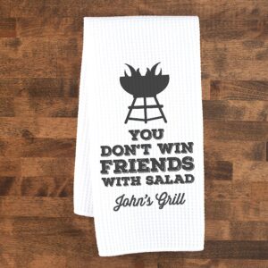 Personalized You Don't Win Friends With Salad Kitchen Towel | Custom Waffle Weave Dish Towel | Personalized Kitchen Towel | Men Grilling Gift | Personalized Dish Towel | Barbecue Gift | Men's Gift