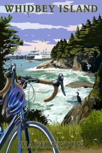 lantern press whidbey island, washington, coastal scene, bike and ferry (12x18 art print, travel poster wall decor)