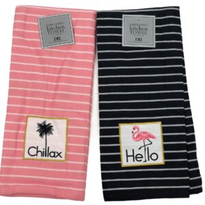 Generic Design Imports Embellished Flamingo Pink and Black Striped Kitchen Dishtowels Set of 2 18 inches x 28 inches Hello and Chillax, Pink Black