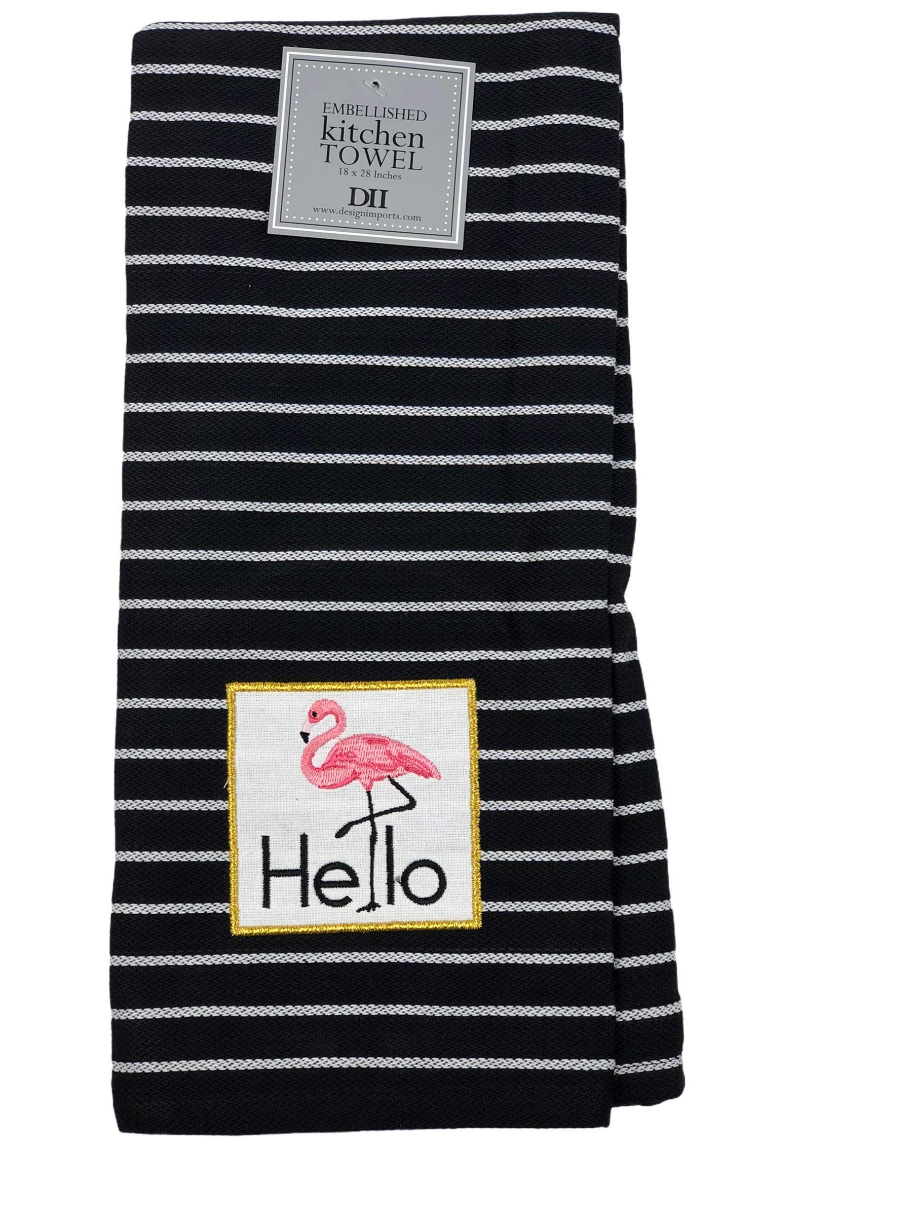 Generic Design Imports Embellished Flamingo Pink and Black Striped Kitchen Dishtowels Set of 2 18 inches x 28 inches Hello and Chillax, Pink Black