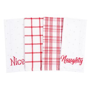 kaf home pantry holiday naughty nice kitchen dish towel set of 4, cotton rich, 18 x 28-inch