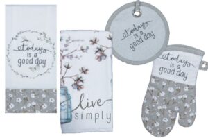 kitchen linens set: bundle includes 1 oven mitt, 1 potholder, 2 kitchen towels - live simply and today is a good day designs by lisa audit