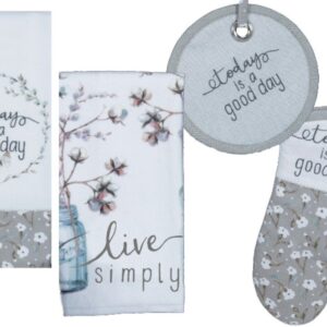 Kitchen Linens Set: Bundle Includes 1 Oven Mitt, 1 Potholder, 2 Kitchen Towels - Live Simply and Today is a Good Day Designs by Lisa Audit