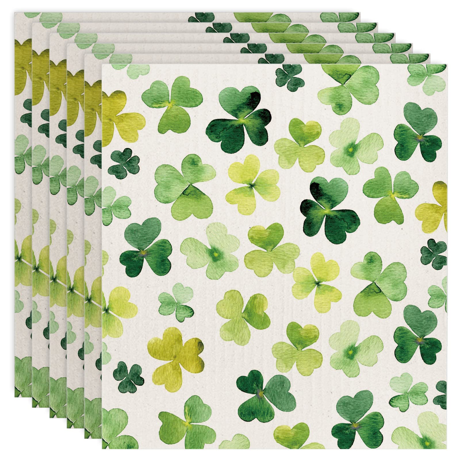 n St. Patrick's Day Swedish Kitchen Dishcloth Watercolor Green Shamrock Absorbent Cotton Kitchen Towel for Party Home Housewarming Cleaning Counter Wipes, 7 x 8 Inch, 6Pcs