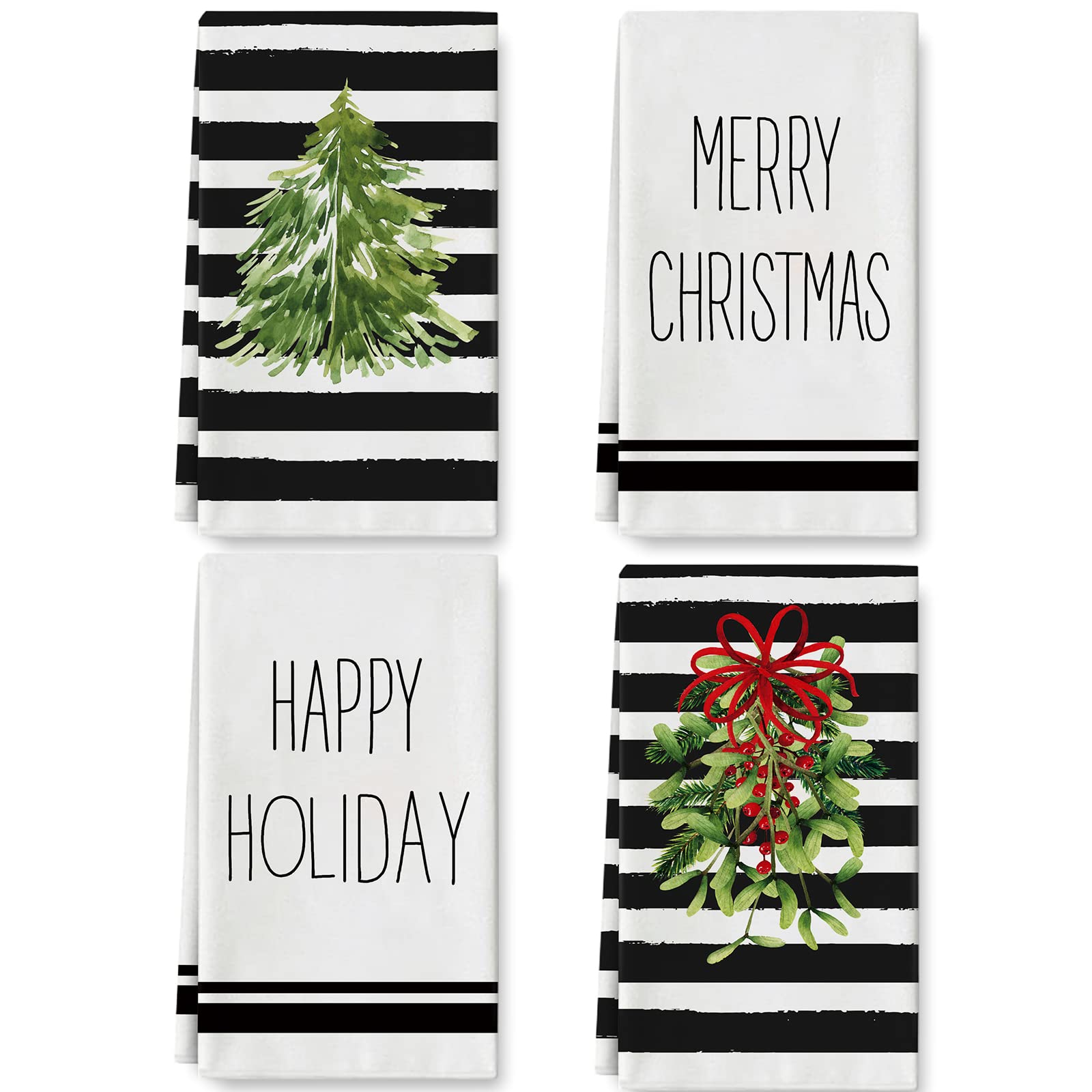 AnyDesign Merry Christmas Kitchen Towel White Black Stripe Happy Holiday Dish Towel Xmas Tree Tea Towel Farmhouse Hand Drying Towel for Winter Cooking Baking, 18 x 28 Inch, 2 Pack