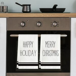 AnyDesign Merry Christmas Kitchen Towel White Black Stripe Happy Holiday Dish Towel Xmas Tree Tea Towel Farmhouse Hand Drying Towel for Winter Cooking Baking, 18 x 28 Inch, 2 Pack