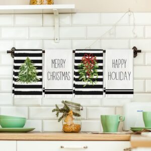 AnyDesign Merry Christmas Kitchen Towel White Black Stripe Happy Holiday Dish Towel Xmas Tree Tea Towel Farmhouse Hand Drying Towel for Winter Cooking Baking, 18 x 28 Inch, 2 Pack