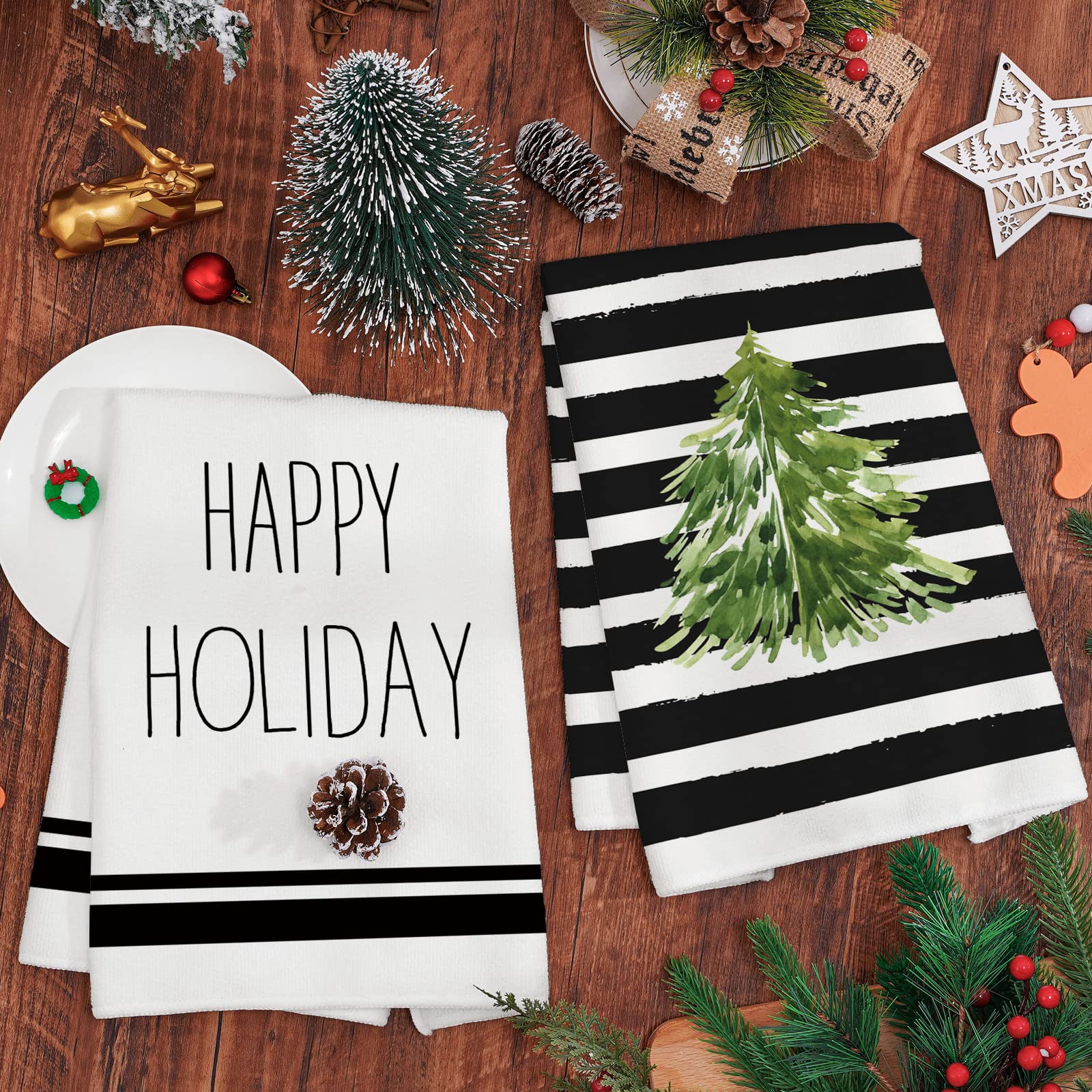 AnyDesign Merry Christmas Kitchen Towel White Black Stripe Happy Holiday Dish Towel Xmas Tree Tea Towel Farmhouse Hand Drying Towel for Winter Cooking Baking, 18 x 28 Inch, 2 Pack