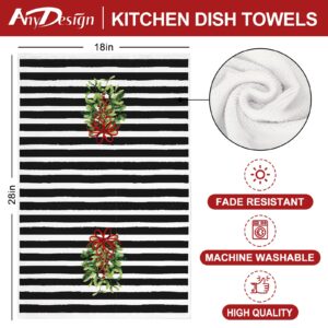 AnyDesign Merry Christmas Kitchen Towel White Black Stripe Happy Holiday Dish Towel Xmas Tree Tea Towel Farmhouse Hand Drying Towel for Winter Cooking Baking, 18 x 28 Inch, 2 Pack