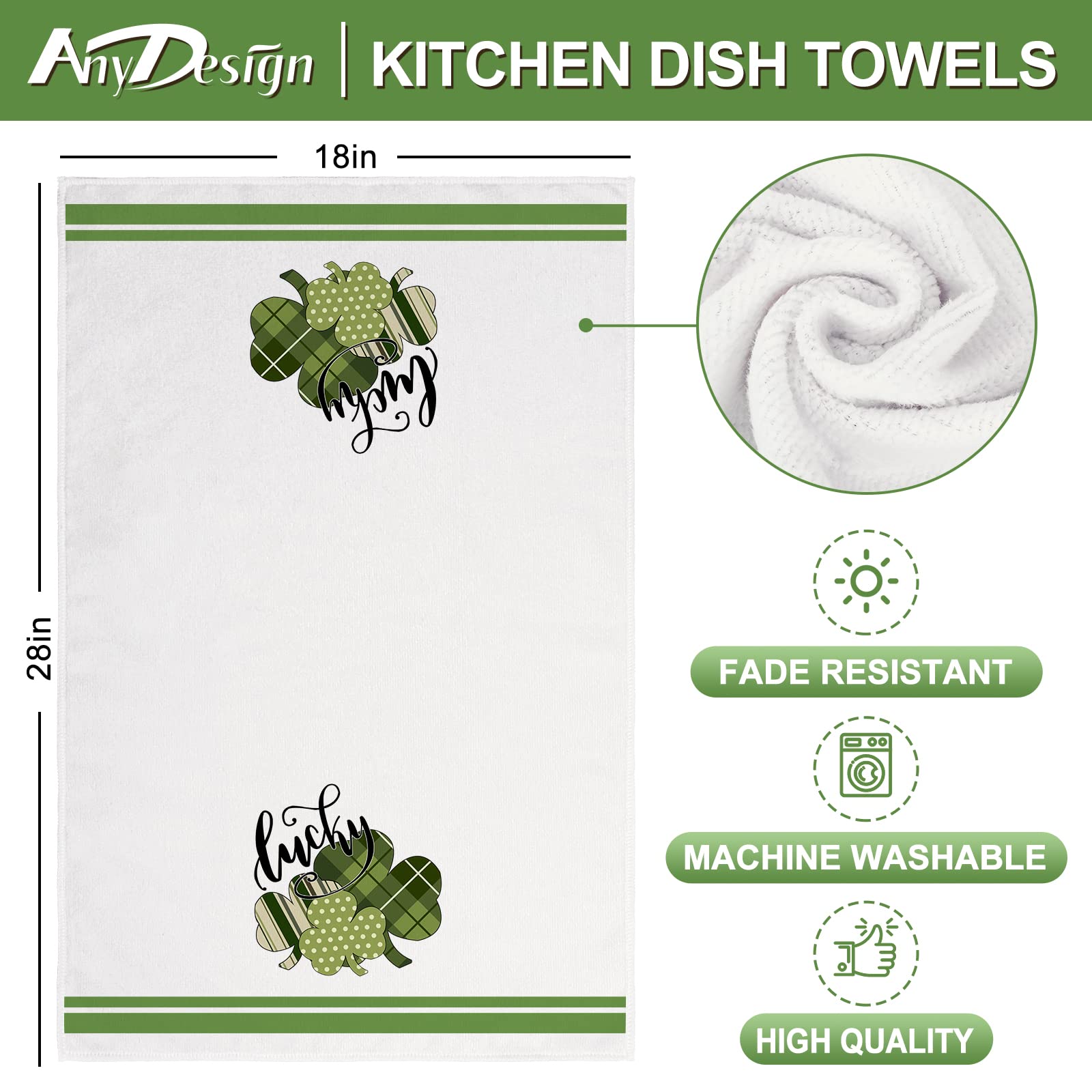 AnyDesign St. Patrick's Day Shamrock Kitchen Towel Green Check Plaids Clover Dish Towel 18 x 28 Inch Lucky Green Hand Drying Tea Towel for Irish Holiday Cooking Baking Cleaning Wipes, Set of 2