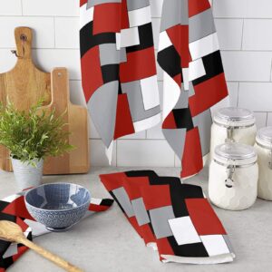 Big buy store Abstract Geometric Color Block Kitchen Dish Towels Set of 4, Soft Lightweight Microfiber Absorbent Hand Towel Red Black Gray Tea Towel for Kitchen Bathroom 18x28in