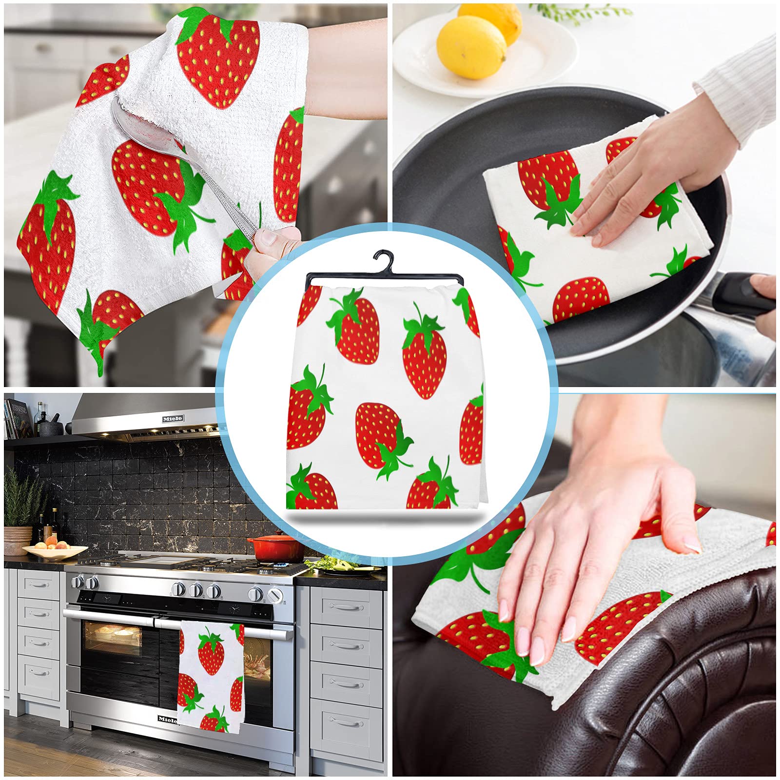 Big buy store Strawberry Sweet Fruit Kitchen Dish Towels Set of 2, Soft Lightweight Microfiber Absorbent Hand Towel Red Green Tea Towel for Kitchen Bathroom 18x28in