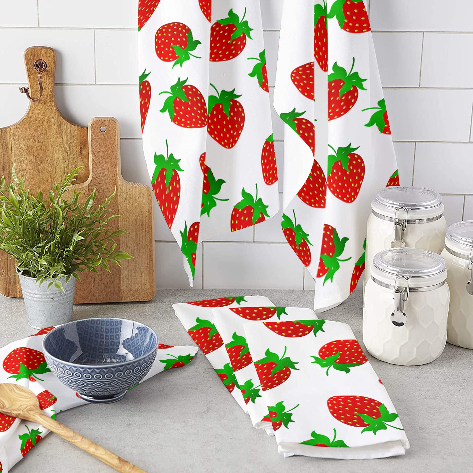 Big buy store Strawberry Sweet Fruit Kitchen Dish Towels Set of 2, Soft Lightweight Microfiber Absorbent Hand Towel Red Green Tea Towel for Kitchen Bathroom 18x28in