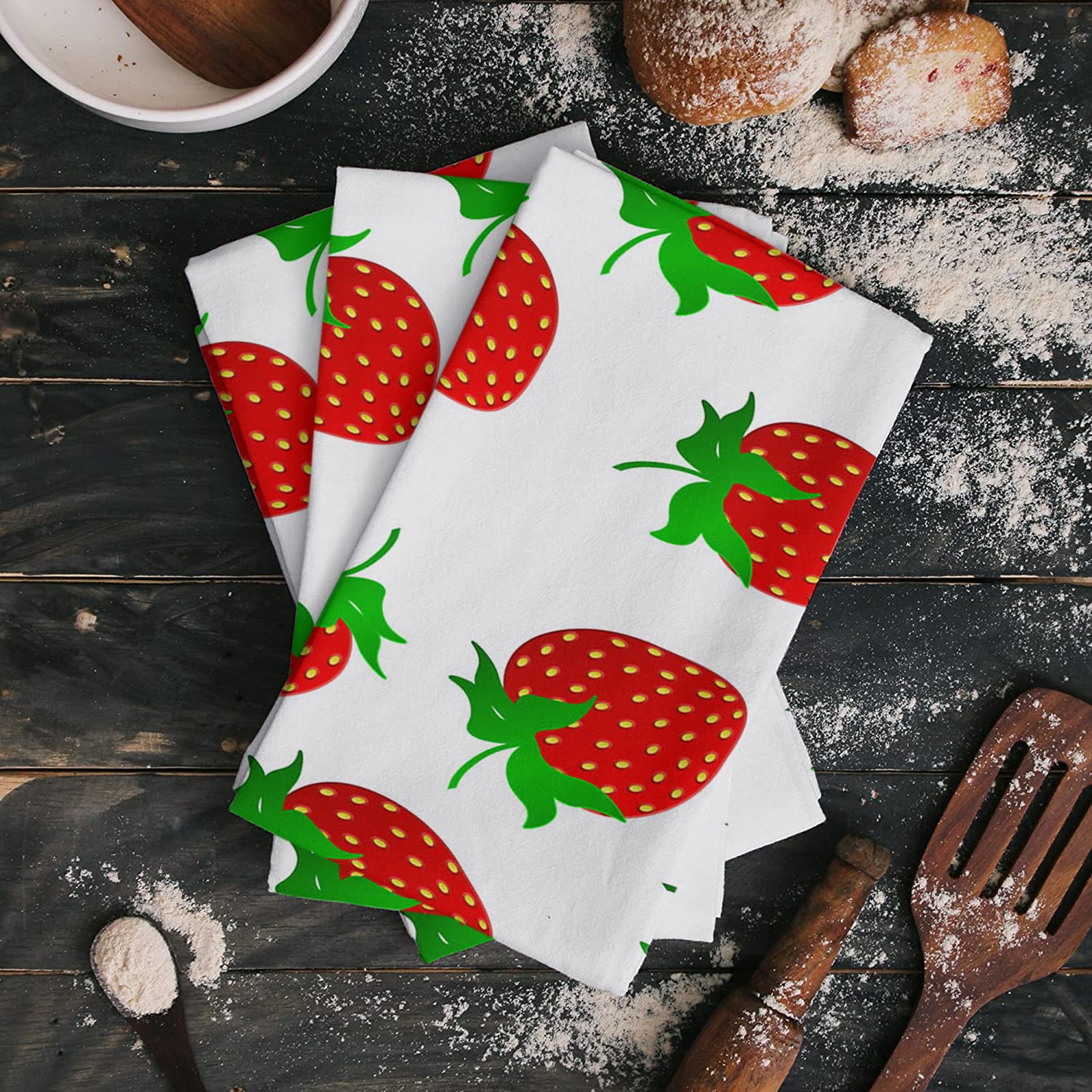 Big buy store Strawberry Sweet Fruit Kitchen Dish Towels Set of 2, Soft Lightweight Microfiber Absorbent Hand Towel Red Green Tea Towel for Kitchen Bathroom 18x28in