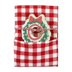 mud pie christmas towel & sponge set, wreath, towel 26" x 16 1/2" | sponge 5" x 4"