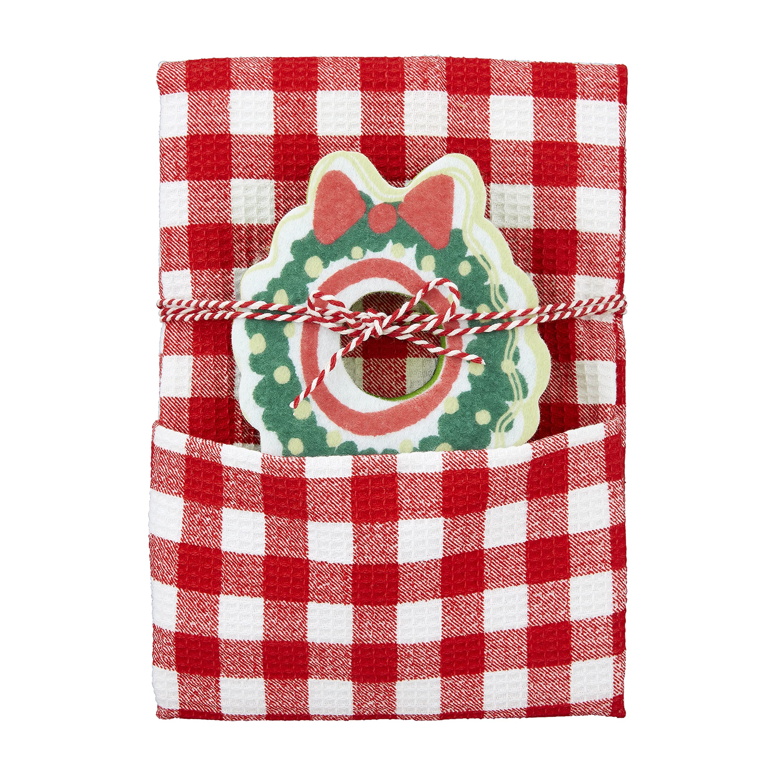 Mud Pie Christmas Towel & Sponge Set, Wreath, Towel 26" x 16 1/2" | Sponge 5" x 4"