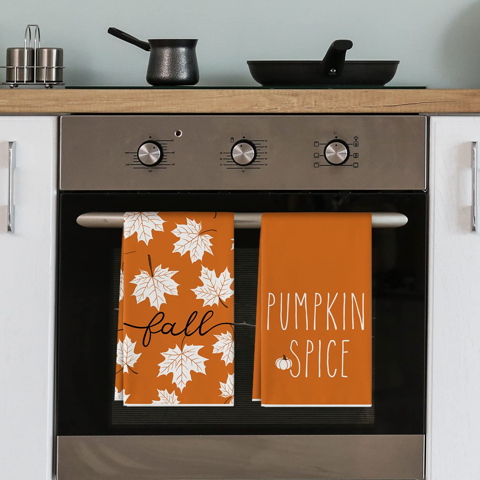 AnyDesign Fall Kitchen Dish Towel 18 x 28 Inch Pumpkin Maple Leaves Harvest Tea Towel Autumn Orange White Dishcloth Rustic Farmhouse Hand Drying Cloth Towel for Holiday Kitchen Cooking Baking, 4 Pack