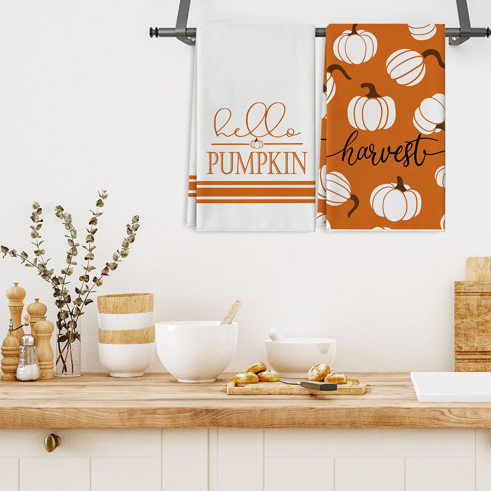 AnyDesign Fall Kitchen Dish Towel 18 x 28 Inch Pumpkin Maple Leaves Harvest Tea Towel Autumn Orange White Dishcloth Rustic Farmhouse Hand Drying Cloth Towel for Holiday Kitchen Cooking Baking, 4 Pack